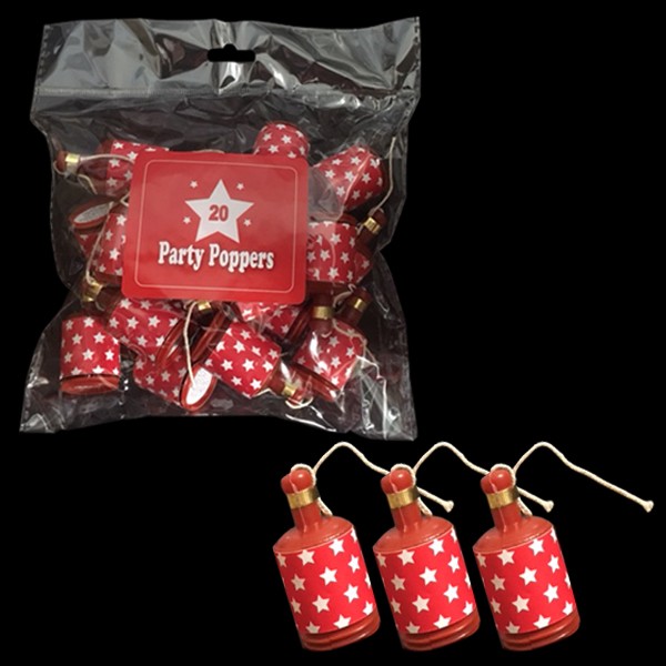 Pack of 20 Red and White Starred Party Poppers | Ice Entertainments